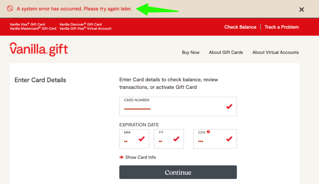 Fix Vanilla Gift Card Balance Check Error "A System Error Has Occurred ...